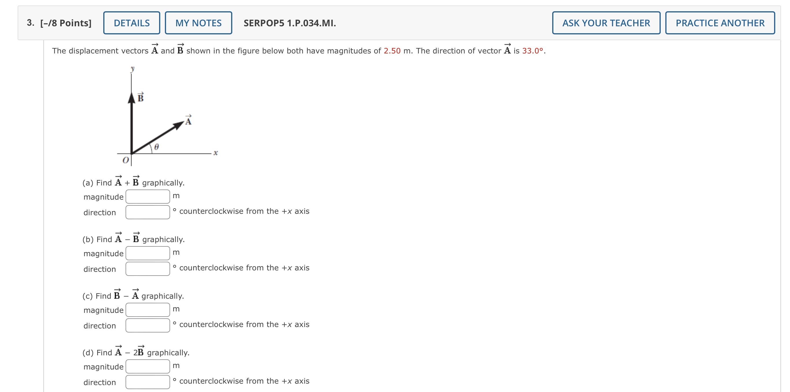 Solved The displacement vectors vec(A) ﻿and vec(B) ﻿shown in | Chegg.com