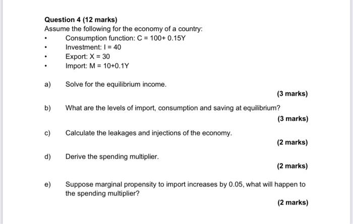 Solved Question 4 (12 marks) Assume the following for the | Chegg.com