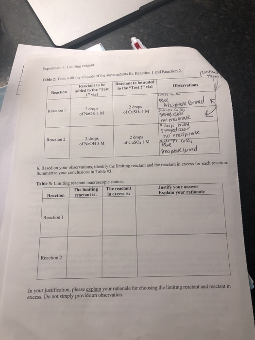 Solved Experiment Limiting restent and Reaction 2 s contos | Chegg.com