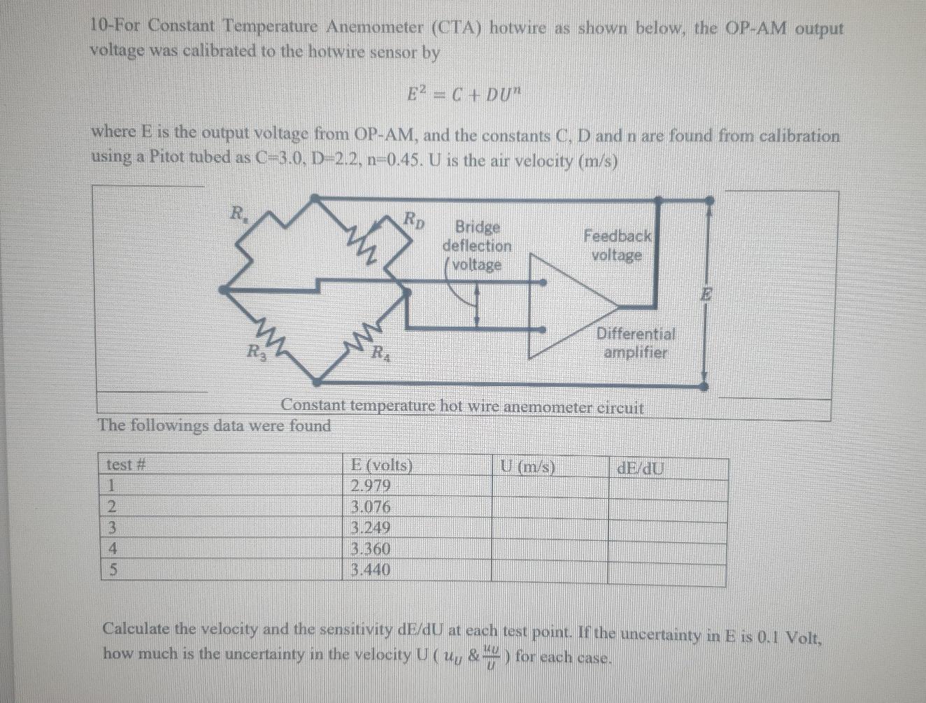 Solved 10-For Constant Temperature Anemometer (CTA) hotwire | Chegg.com