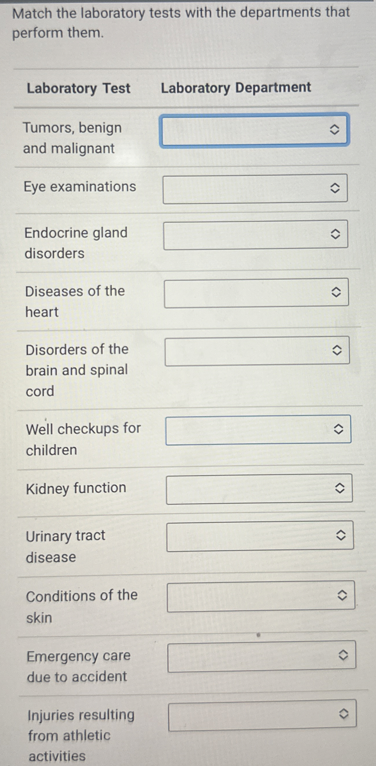 Solved Match the laboratory tests with the departments that | Chegg.com
