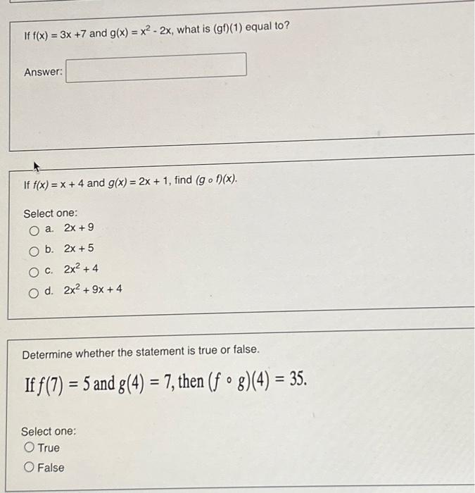 Solved If f(x) = 3x +7 and g(x) = x² - 2x, what is (gf)(1) | Chegg.com