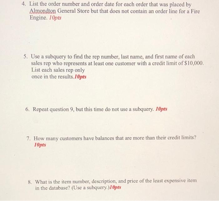 Solved 4. List the order number and order date for each | Chegg.com