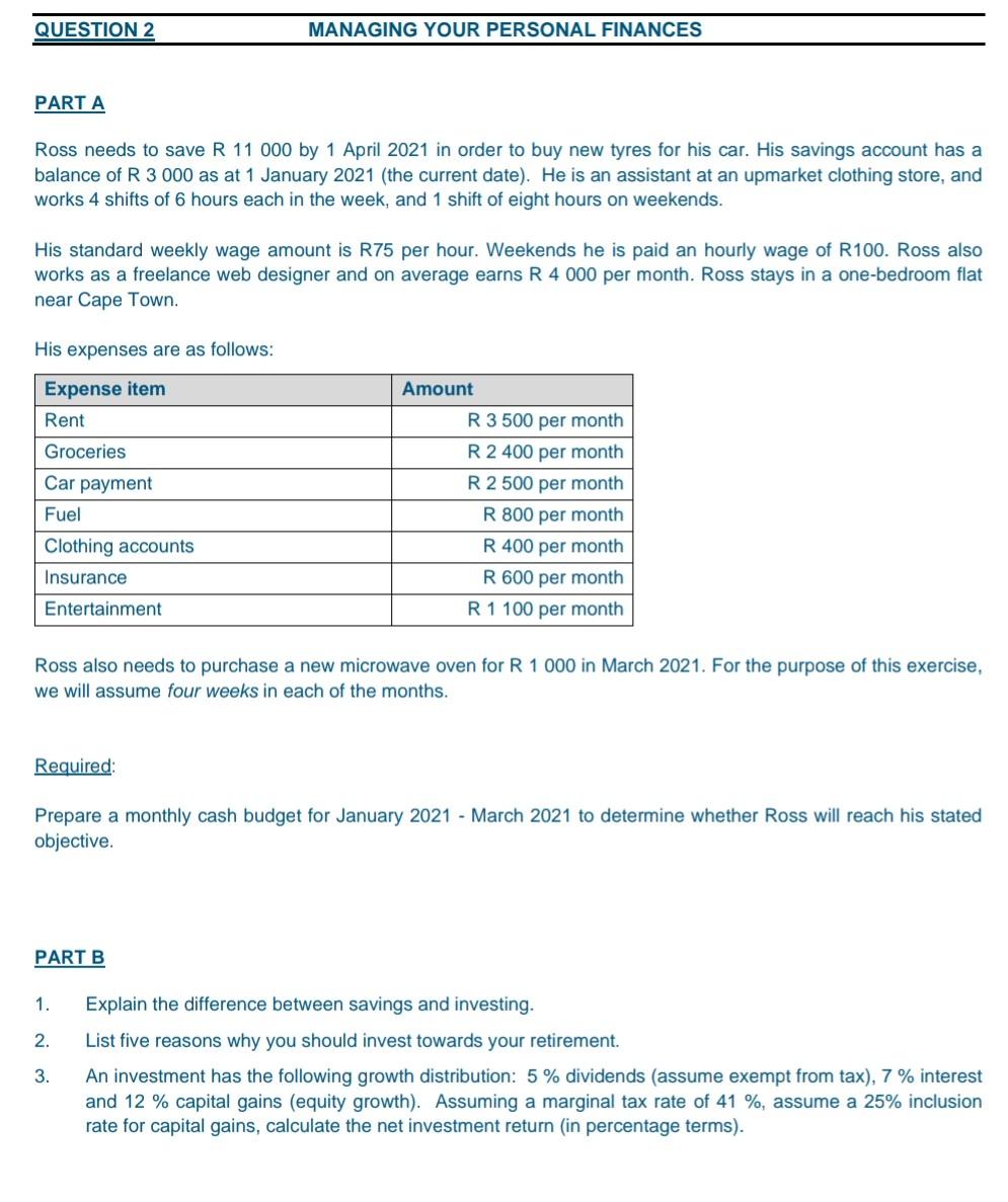Solved QUESTION 2 MANAGING YOUR PERSONAL FINANCES PART A | Chegg.com