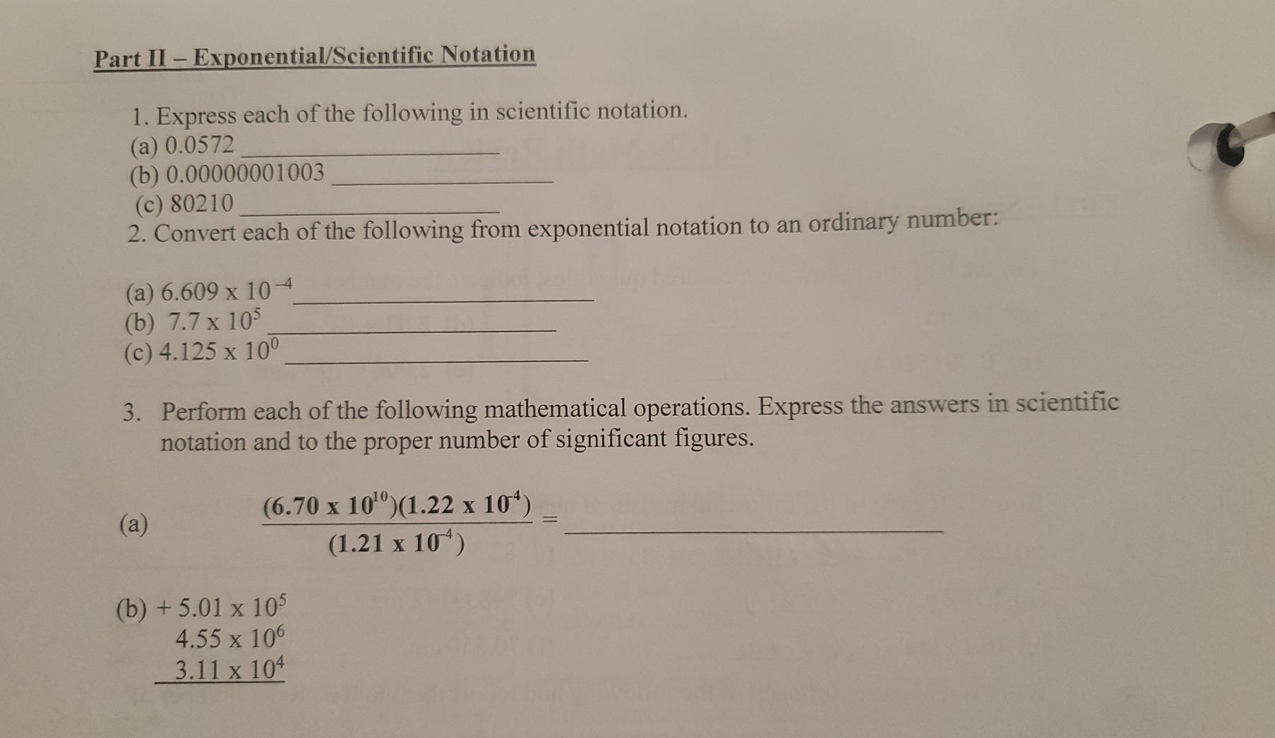 Solved Part II - Exponential/Scientific Notation 1. Express | Chegg.com