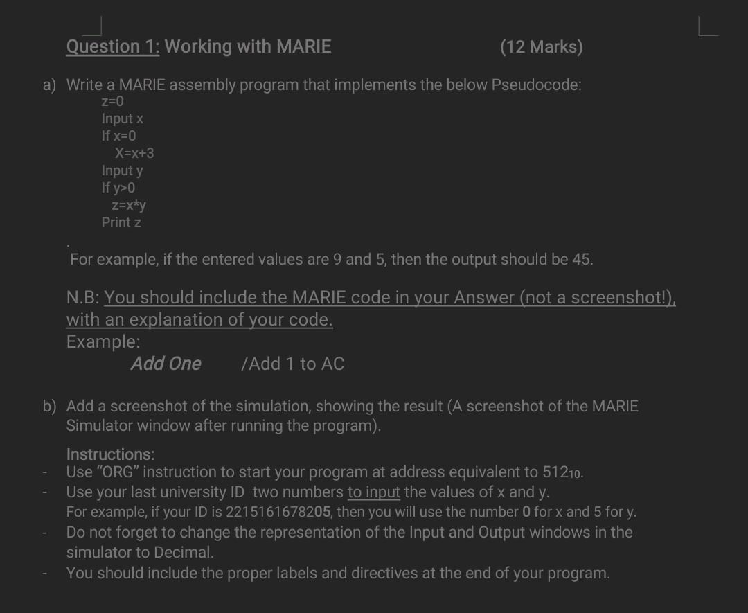 Solved Question 1: Working with MARIE (12 Marks) a) Write a | Chegg.com Solved Question 1: Working with MARIE (12 Marks) a) Write a | Chegg.com