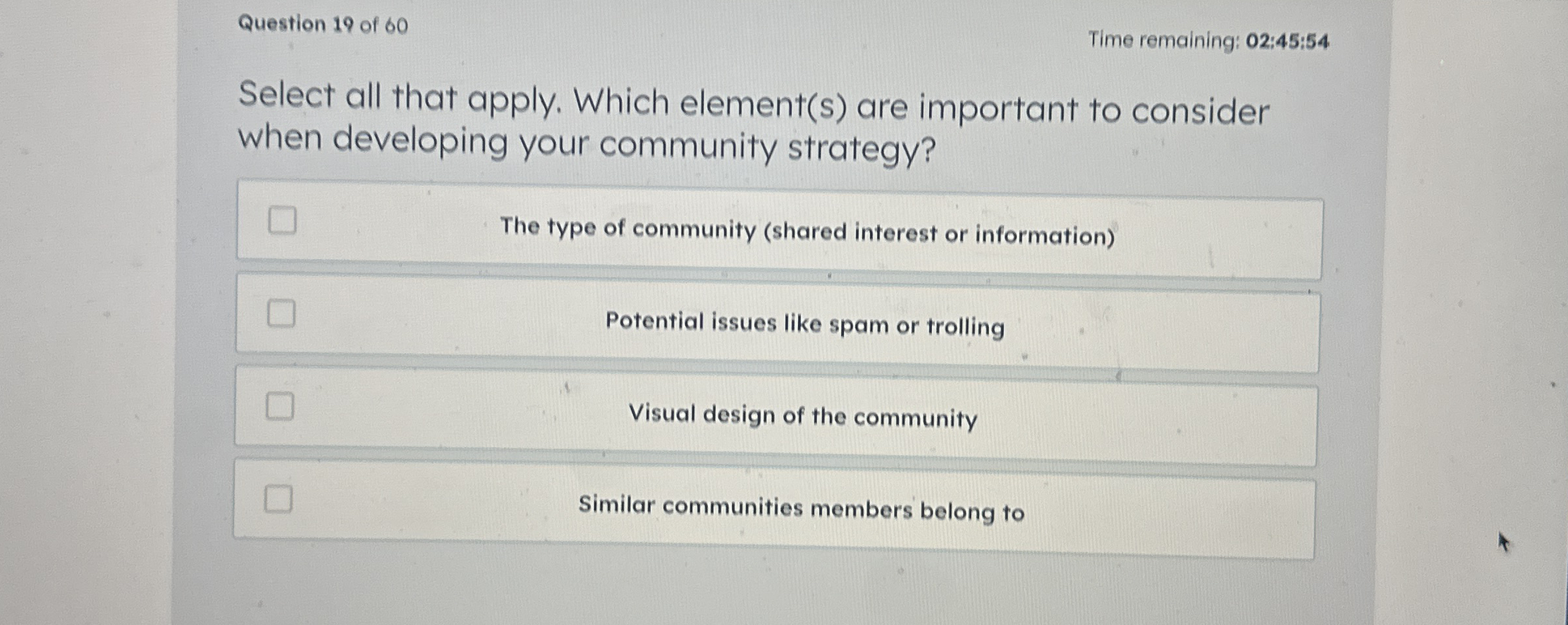 High Quality SOLUTION Question 19 ﻿of 60Time remaining: 02:45:54Select all | Chegg.com