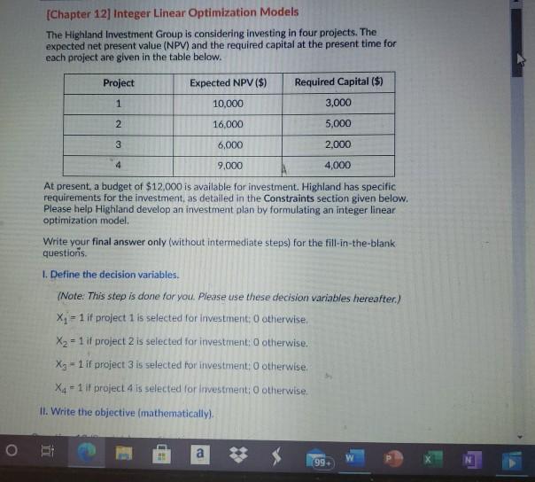 Solved [Chapter 12] Integer Linear Optimization Models The | Chegg.com