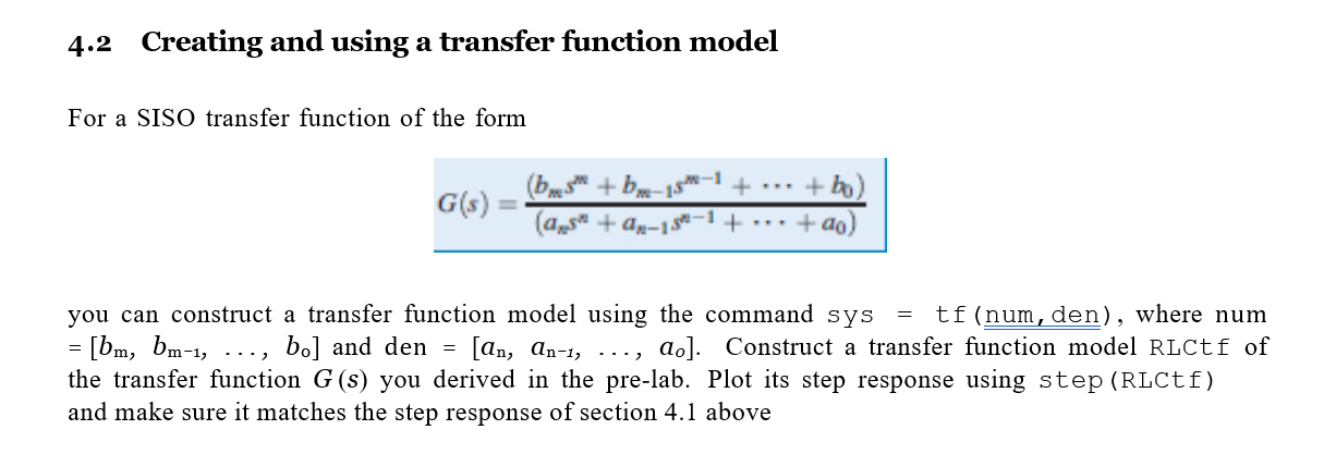 Solved 4.2 ﻿Creating and using a transfer function modelFor | Chegg.com
