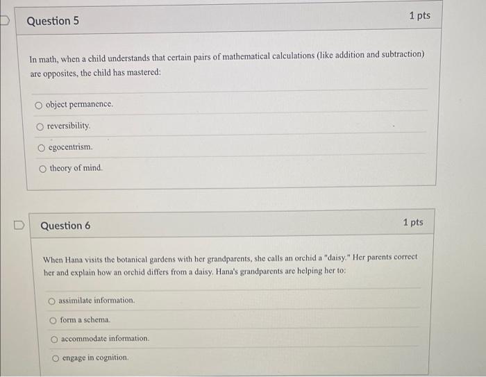 Solved Question 5 In math, when a child understands that | Chegg.com