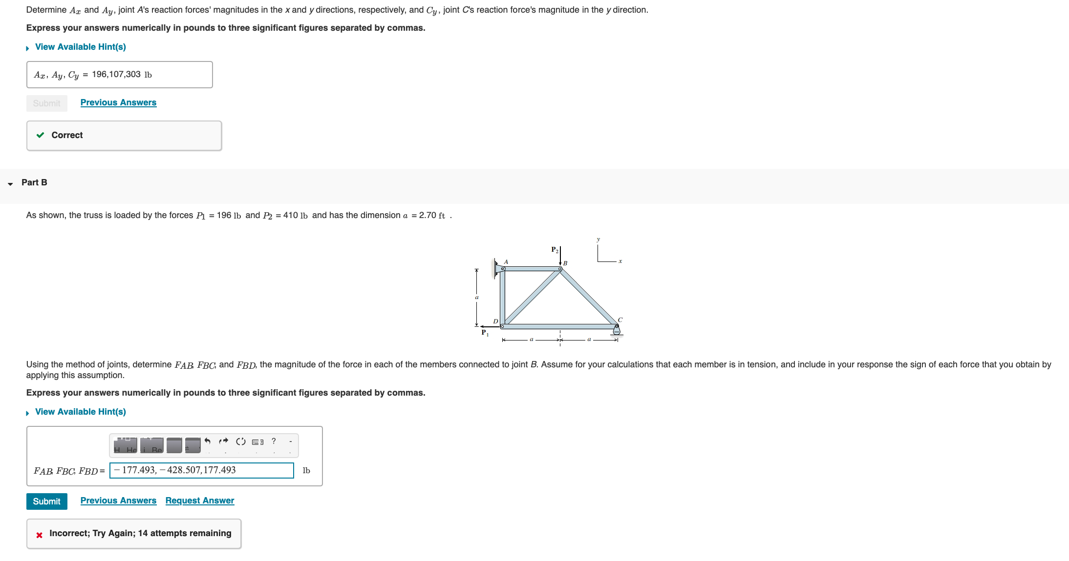 Solved Determine Ax ﻿and Ay, ﻿joint A' 's ﻿reaction forces' | Chegg.com