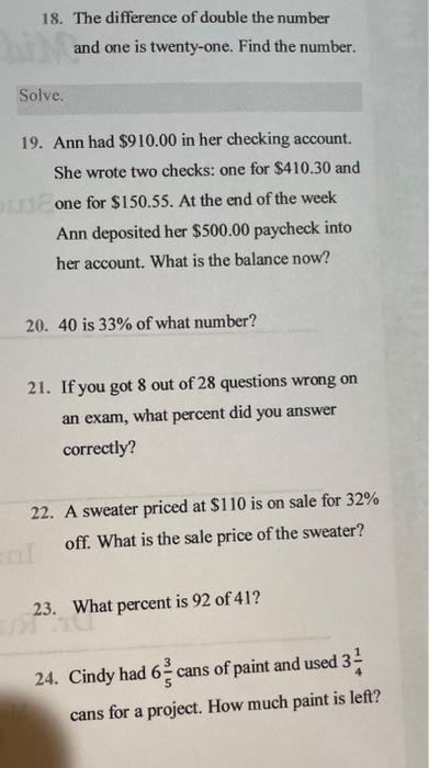 Solved 18. The difference of double the number and one is | Chegg.com