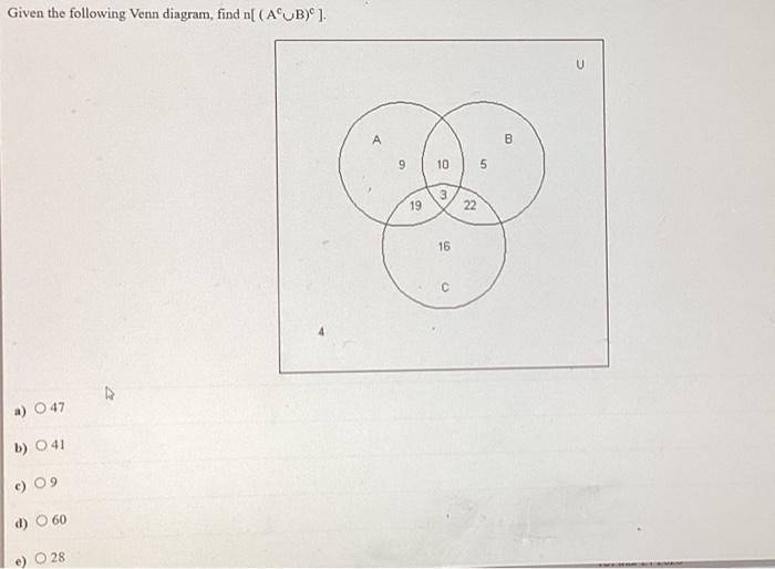Solved Given the following Venn diagram, find n[ (AUB) ]. a) | Chegg.com
