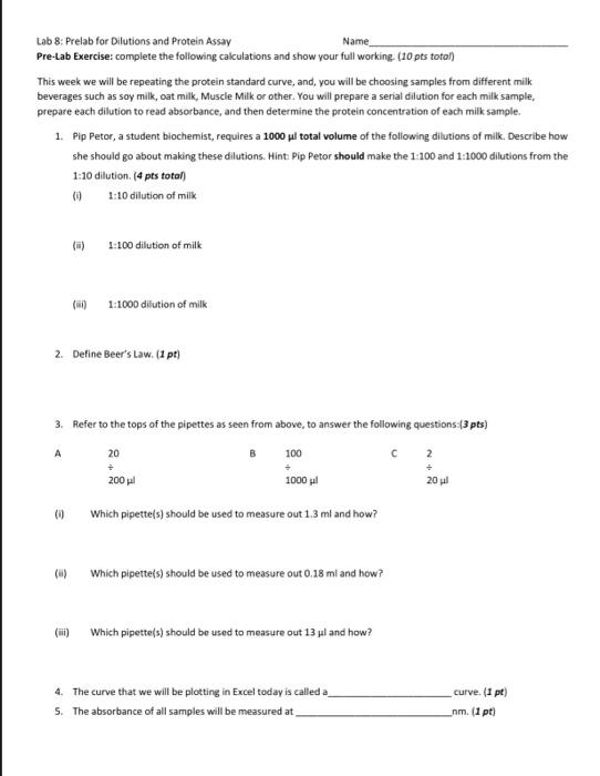 Name Lab 8: Prelab for Dilutions and Protein Assay | Chegg.com