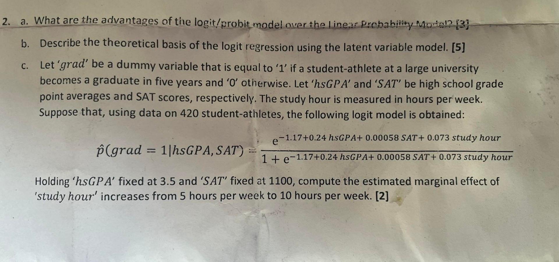 a. What are the advantages of the logit/probit model | Chegg.com