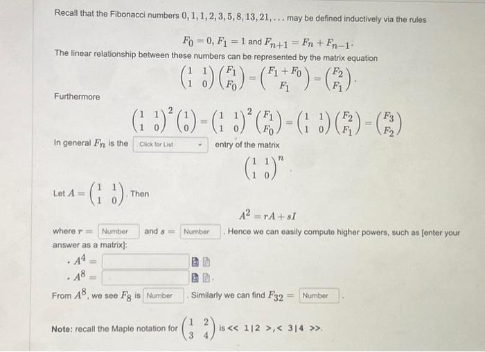 Solved Recall that the Fibonacci numbers 0, 1, 1, 2, 3, 5, | Chegg.com