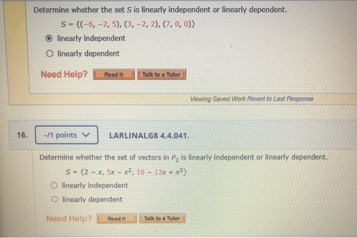 Solved Determine whether the set Sis linearly independent or | Chegg.com