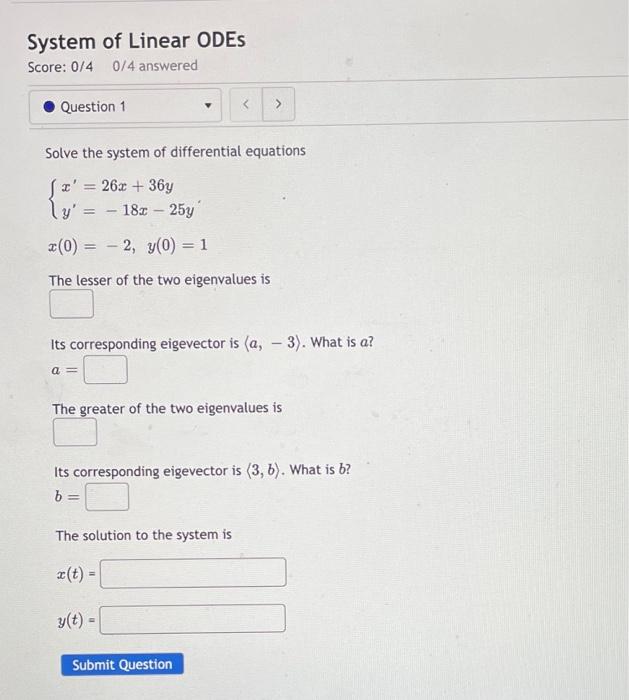 Solved System of Linear ODEs Score: 0/40/4 answered Solve | Chegg.com