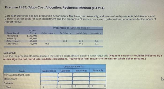 Solved Exercise 11-32 (Algo) Cost Allocation: Reciprocal | Chegg.com