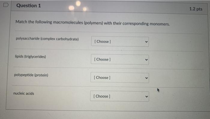 Solved Question 1 1.2 pts Match the following macromolecules | Chegg.com