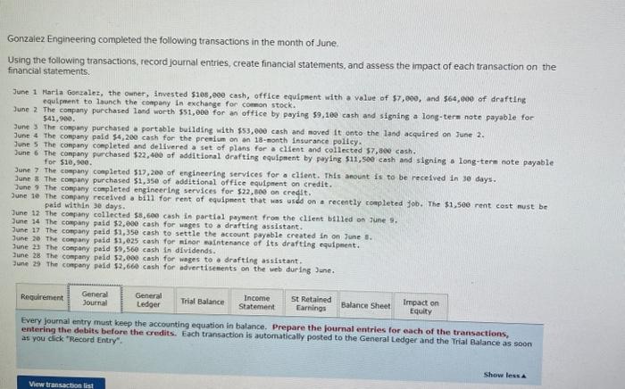 Solved Gonzalez Engineering completed the following | Chegg.com