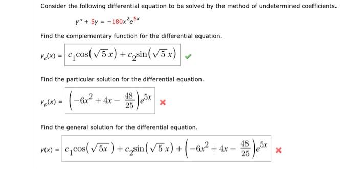 Solved y′′+5y=−180x2e5x Find the complementary function for | Chegg.com