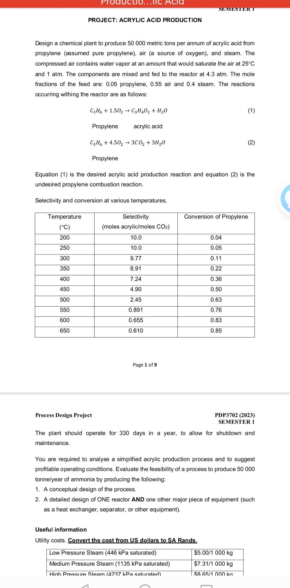 Solved PROJECT: ACRYLIC ACID PRODUCTION Design a chemical | Chegg.com