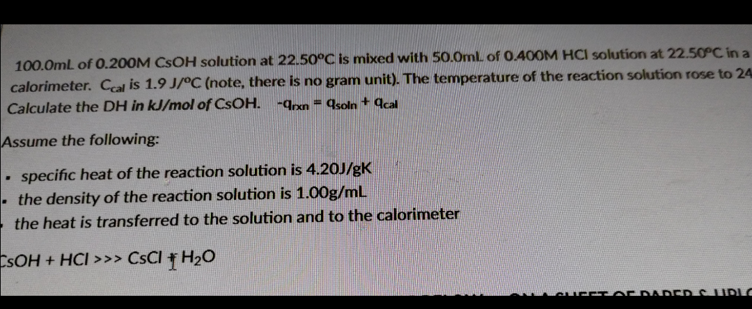Solved 100.0 mL of 0.200MCsOH solution at 22.50∘C is mixed | Chegg.com