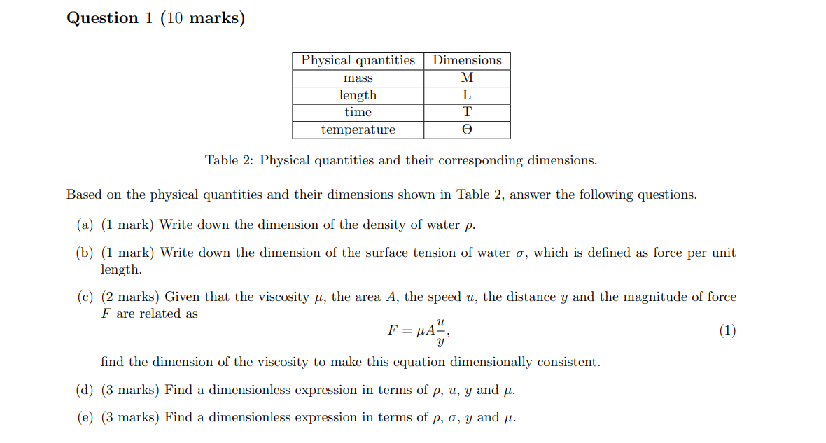 Solved Question 1 (10 ﻿marks)Table 2: Physical quantities | Chegg.com