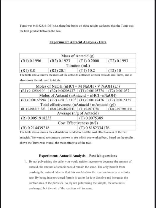 Experiment: Antacid Analysis - Abstract The purpose | Chegg.com
