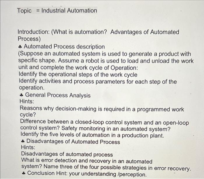 Solved Topic = Industrial Automation Introduction: (What is | Chegg.com