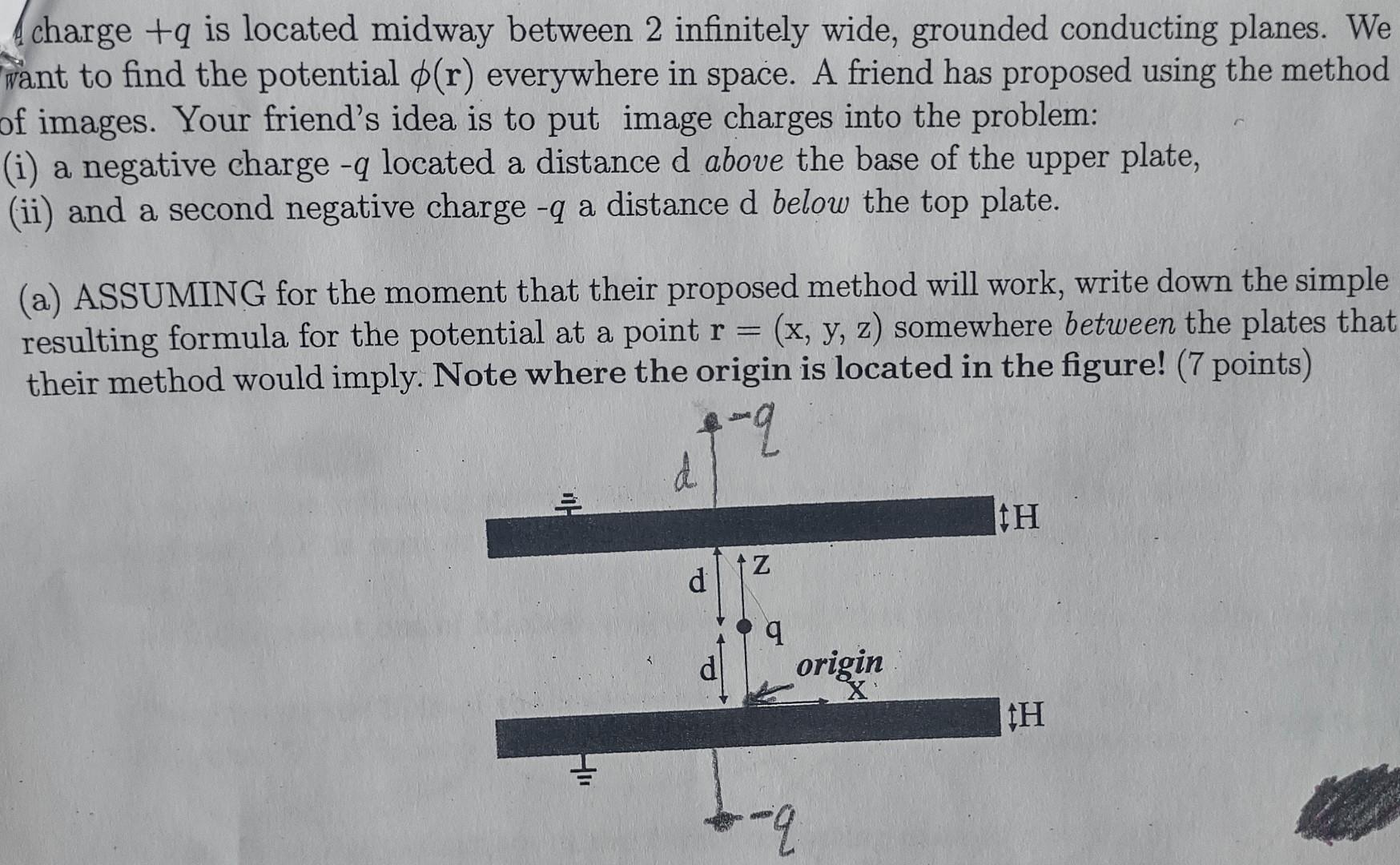 Solved charge +q is located midway between 2 infinitely | Chegg.com