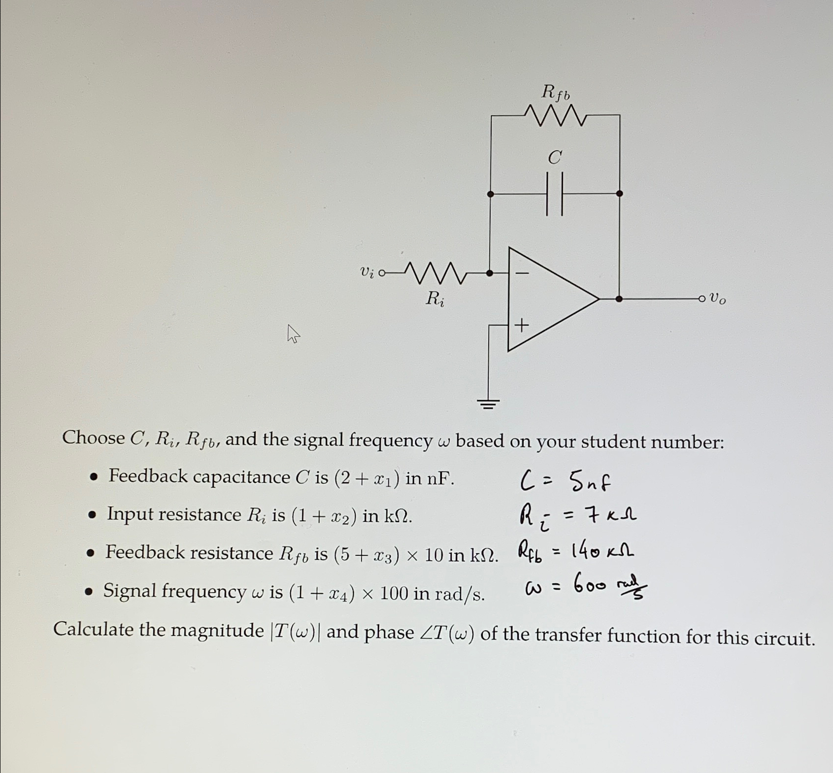 Solved Choose C,Ri,Rfb, ﻿and the signal frequency ω ﻿based | Chegg.com