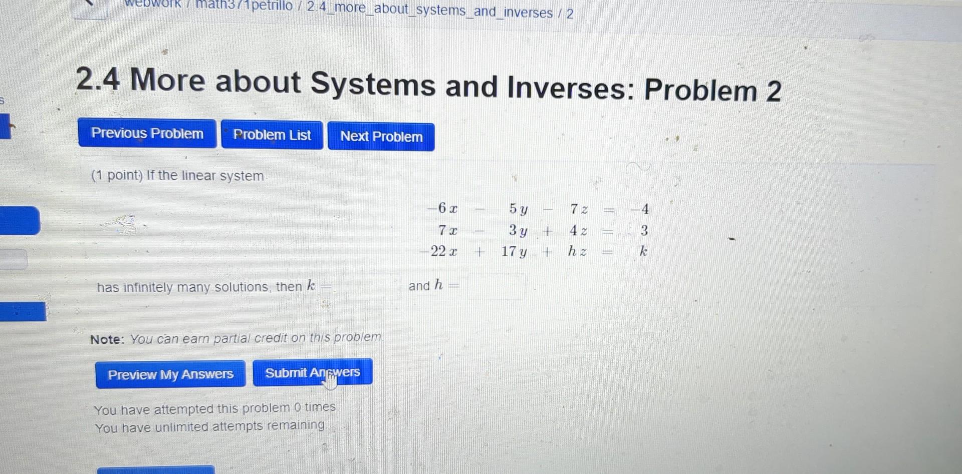 Solved 4 More about Systems and Inverses: Problem 2 (1 | Chegg.com