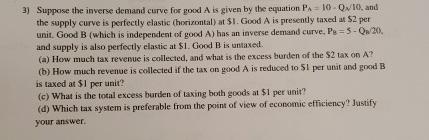 Solved Suppose the inverse demand curve for good A ﻿is given | Chegg.com