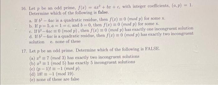 Solved 16. Let p be an odd prime, f(x)=ax2+bx+c, with | Chegg.com
