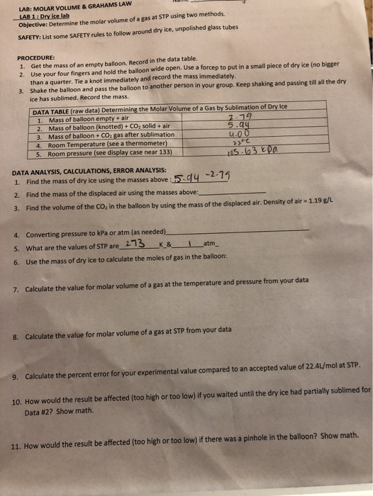 LAB: MOLAR VOLUME & GRAHAMS LAW LAB 1: Dry Ice lab | Chegg.com