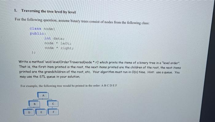 Solved 1. Traversing the tree level by level For the | Chegg.com