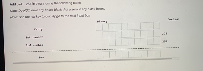 Solved Add 324 + 254 in binary using the following table: | Chegg.com