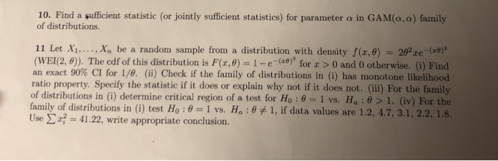 Solved 10. Find a sufficient statistic (or jointly | Chegg.com