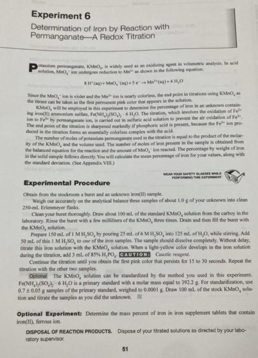 Solved Experiment 6 Determination of iron by Reaction with | Chegg.com