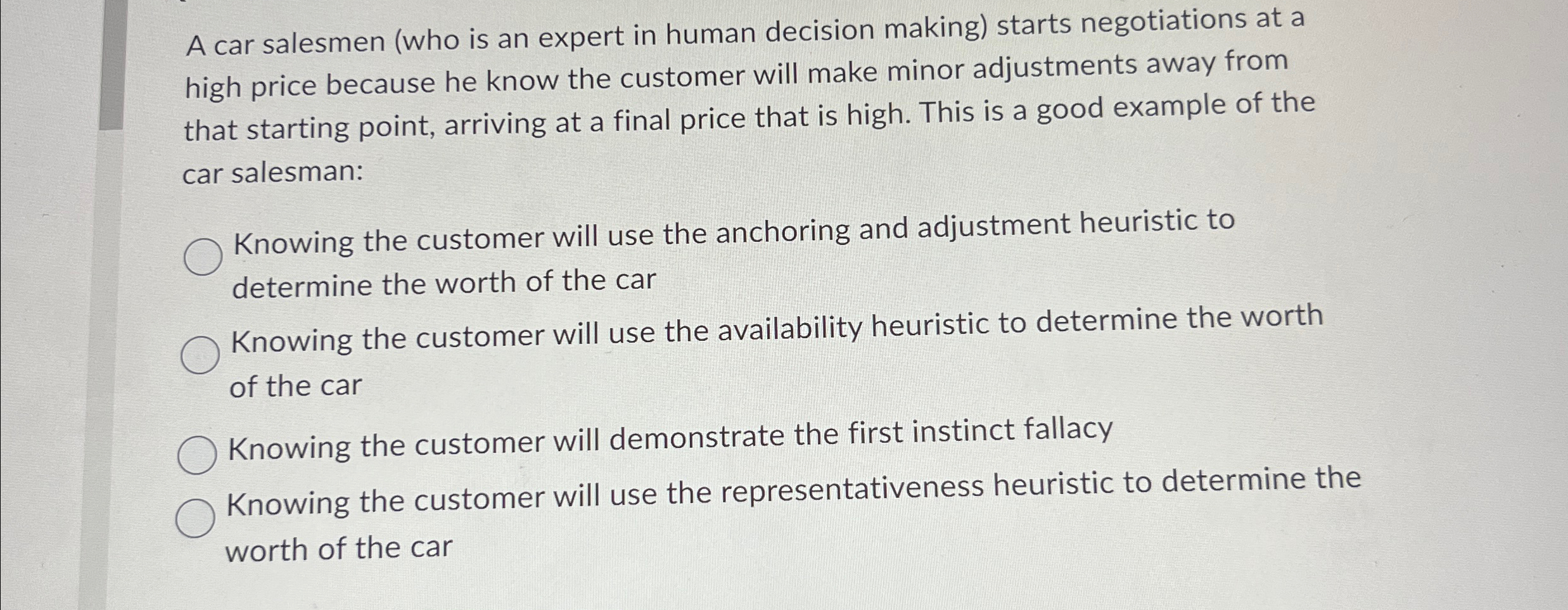 Solved A car salesmen (who is an expert in human decision | Chegg.com