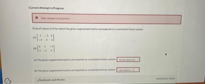 Solved Find all values of k for which the given augmented | Chegg.com