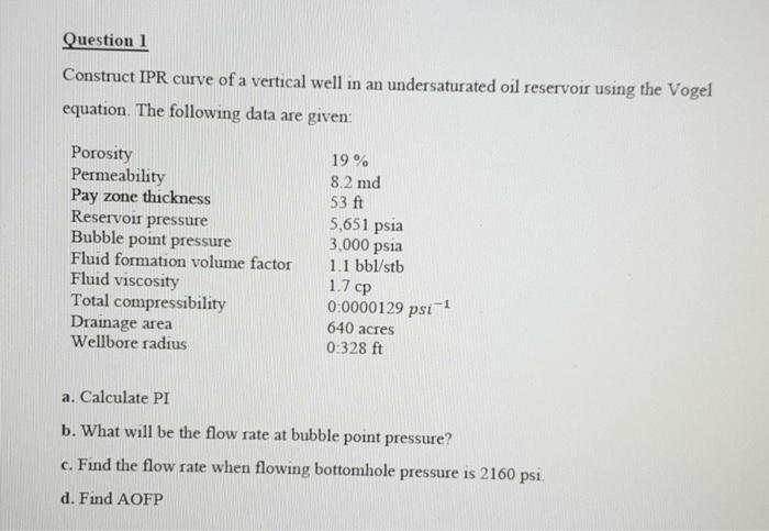 Solved Question 1 Construct IPR curve of a vertical well in | Chegg.com