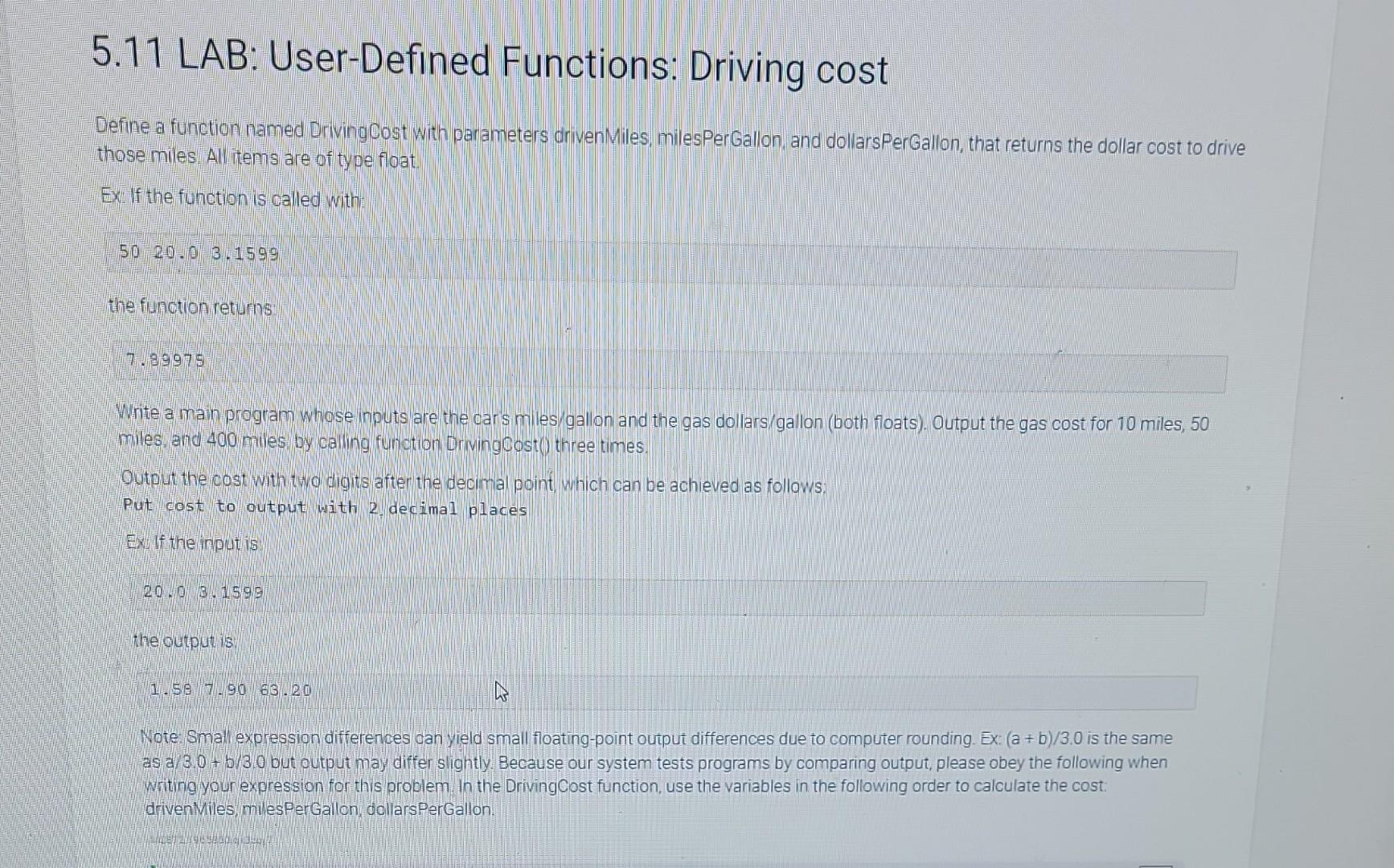 Solved Define a function named Driving Cost with parameters | Chegg.com