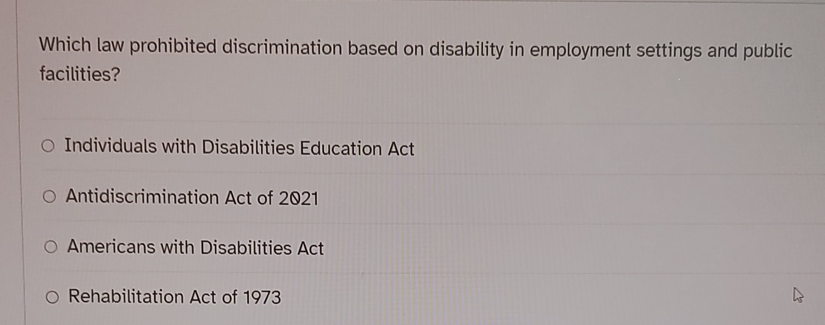 Solved Which law prohibited discrimination based on | Chegg.com