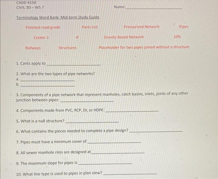 Solved CIVIL 3D - WS 7 Name: Terminology Word Bank: Mid-term | Chegg.com