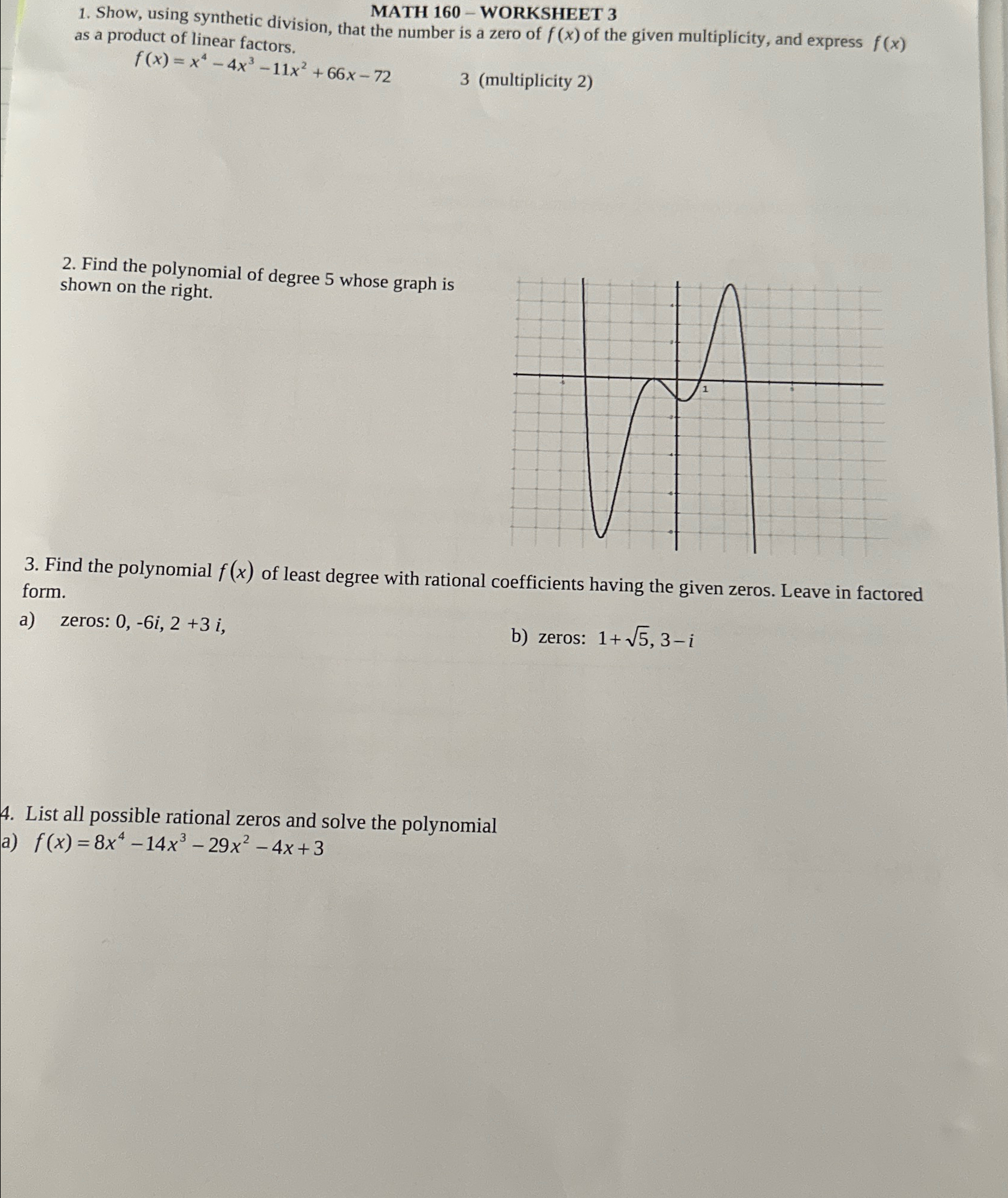 Solved MATH 160 - ﻿WORKSHEET 3as a product of linear | Chegg.com