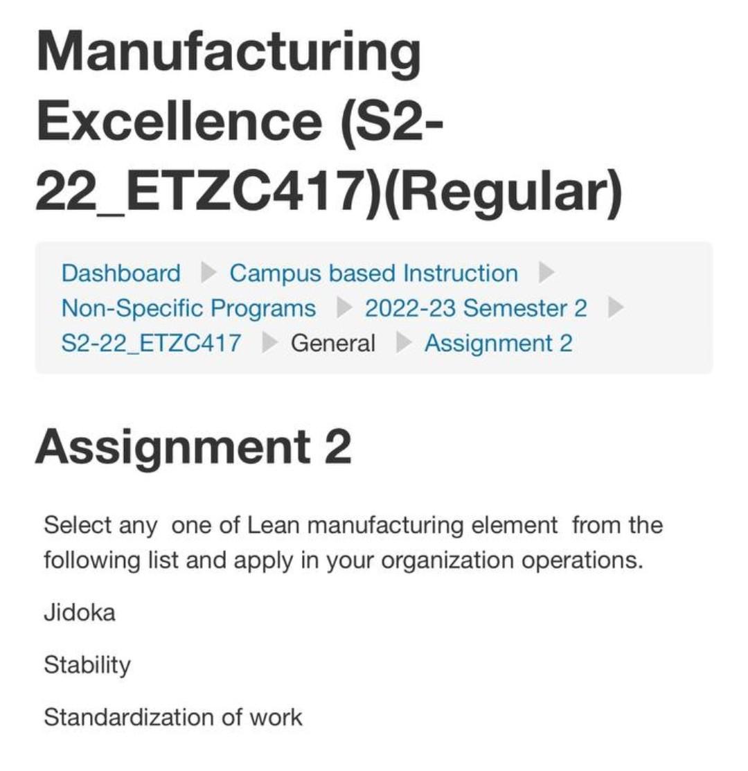 Solved Manufacturing Excellence (S2- 22_ETZC417)(Regular) | Chegg.com