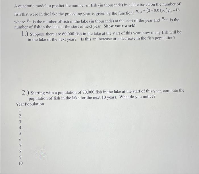 Solved A quadratic model to predict the number of fish (in | Chegg.com